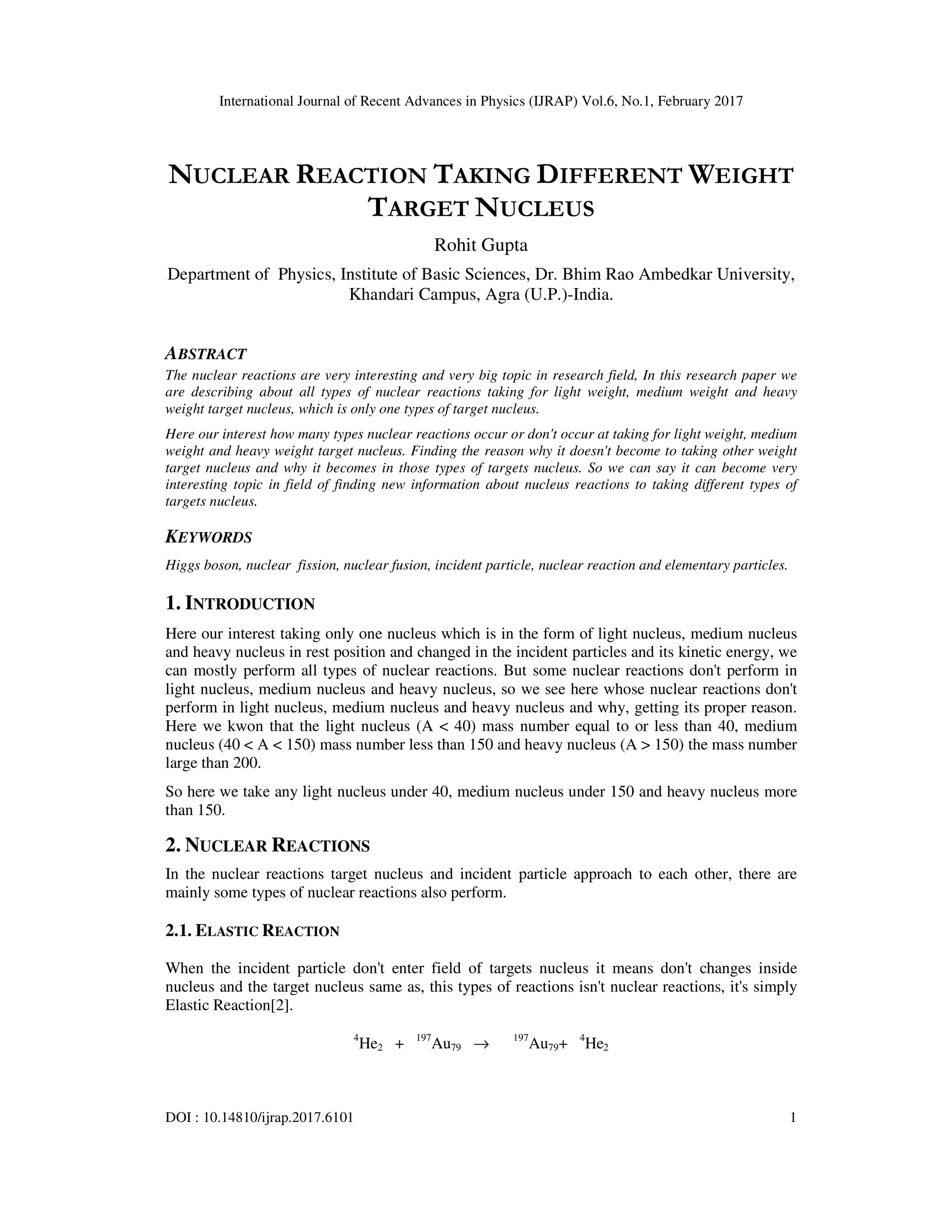 NUCLEAR REACTION TAKING DIFFERENT WEIGHT TARGET NUCLEUS | PDF