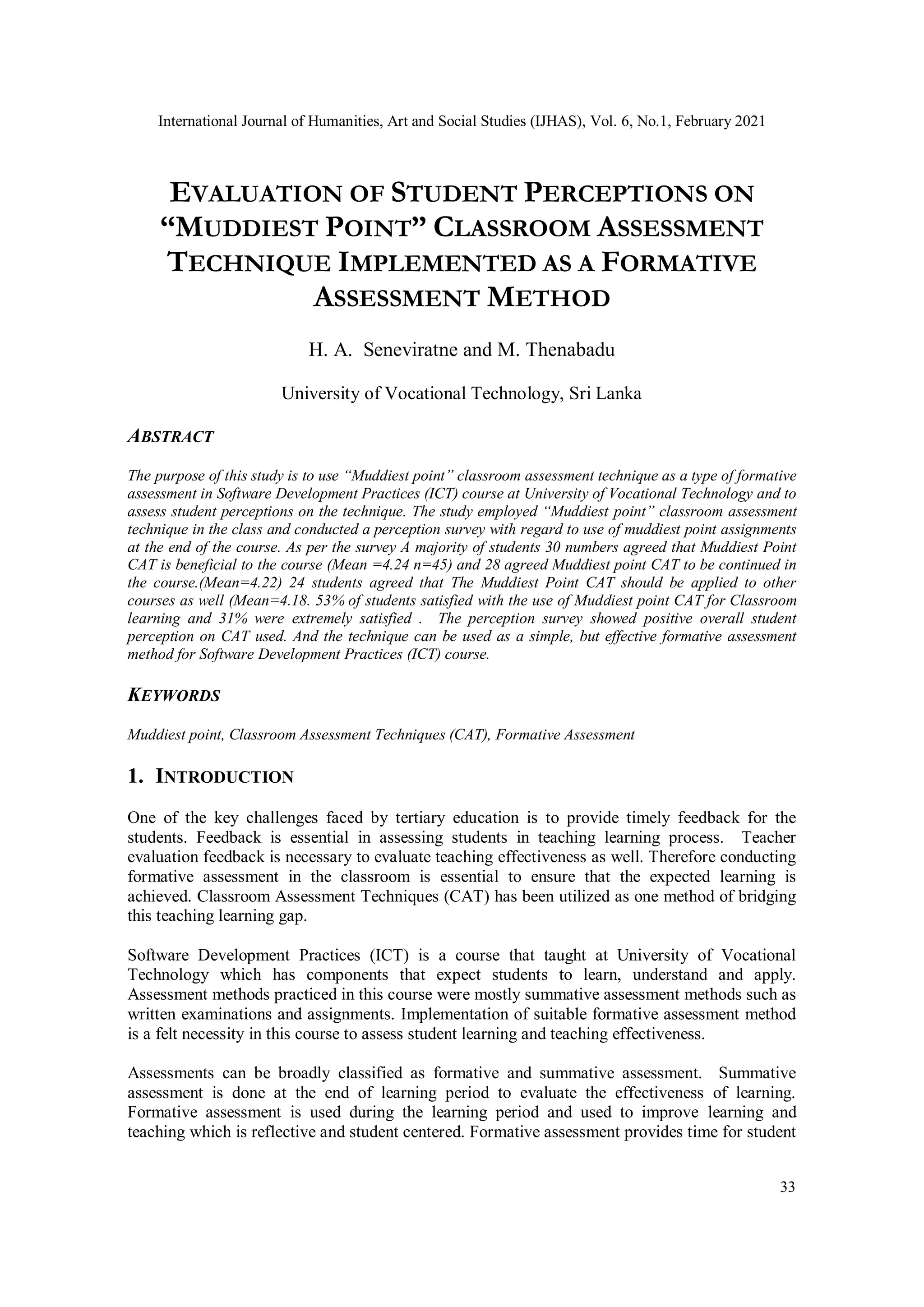 EVALUATION OF STUDENT PERCEPTIONS ON “MUDDIEST POINT” CLASSROOM ...