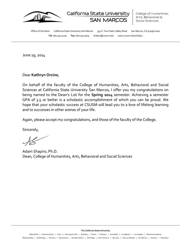 S14 Dean's List Letter | PDF | College Education | Education