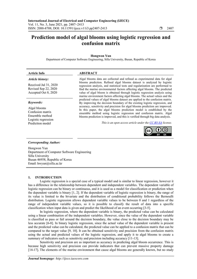 Prediction model of algal blooms using logistic regression and ...