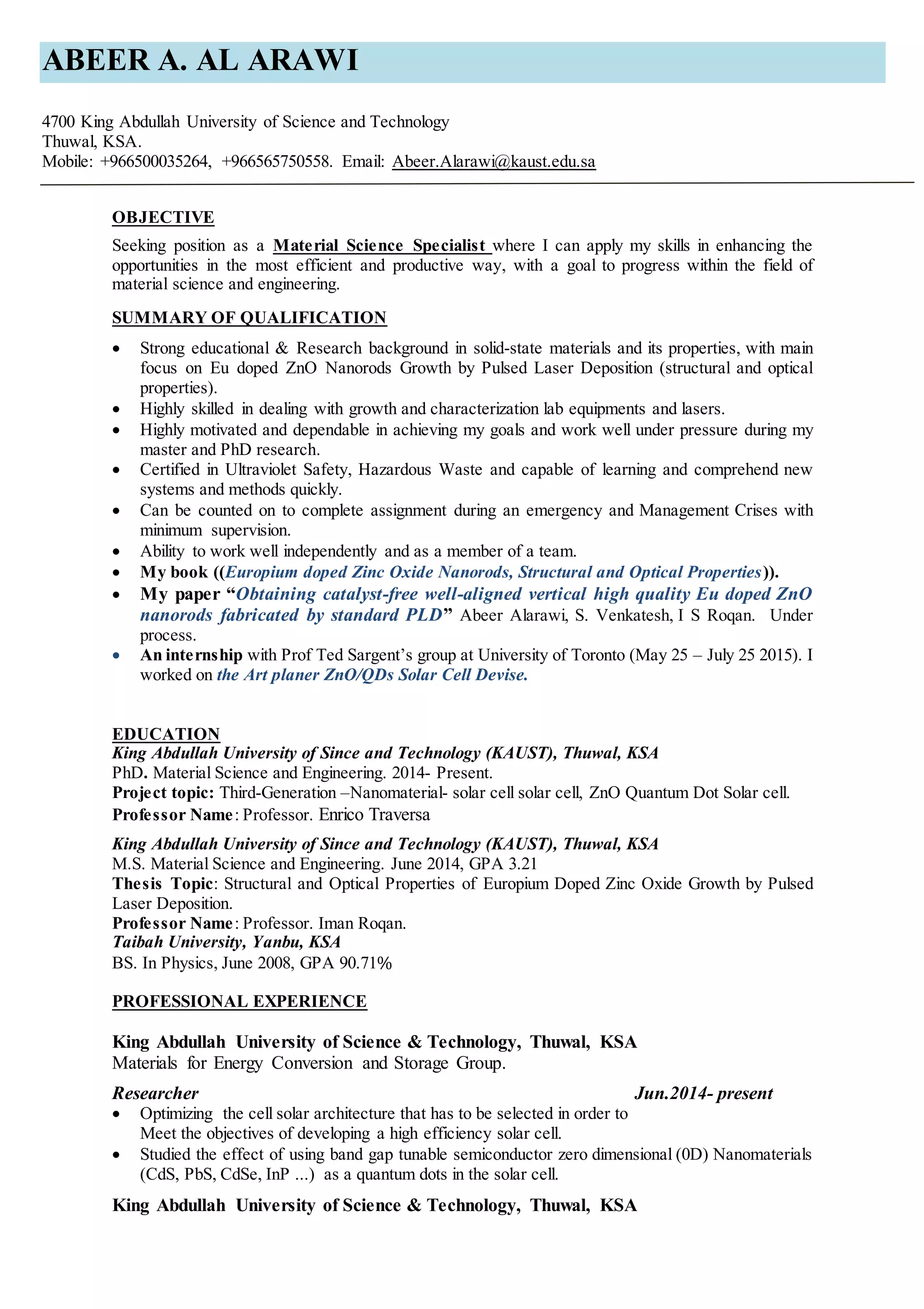 Abeer Ateeq Alarawi CV. | DOCX | Chemistry | Science