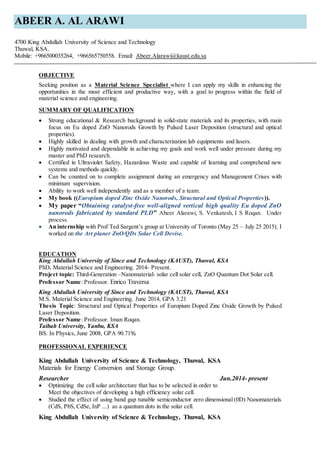 Abeer Ateeq Alarawi CV. | DOCX | Chemistry | Science