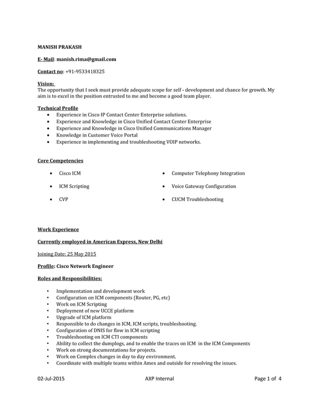 Manish Resume | DOC | Telecommunications Industry | Industries