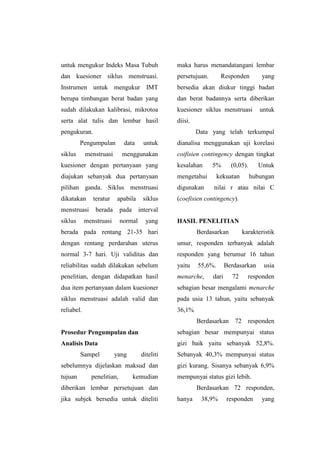 HUBUNGAN STATUS GIZI DENGAN SIKLUS MENSTRUASI PADA REMAJA PUTRI KELAS X ...