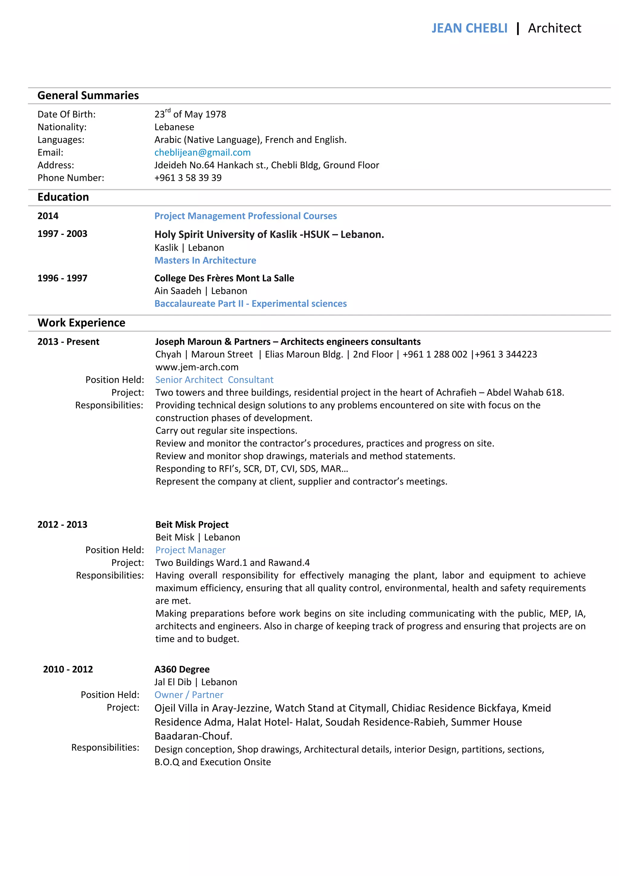 Jean Chebli Resume | PDF | Civil Engineering Industry | Industries