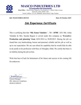 Job Experience certificate in Masco Group | PDF