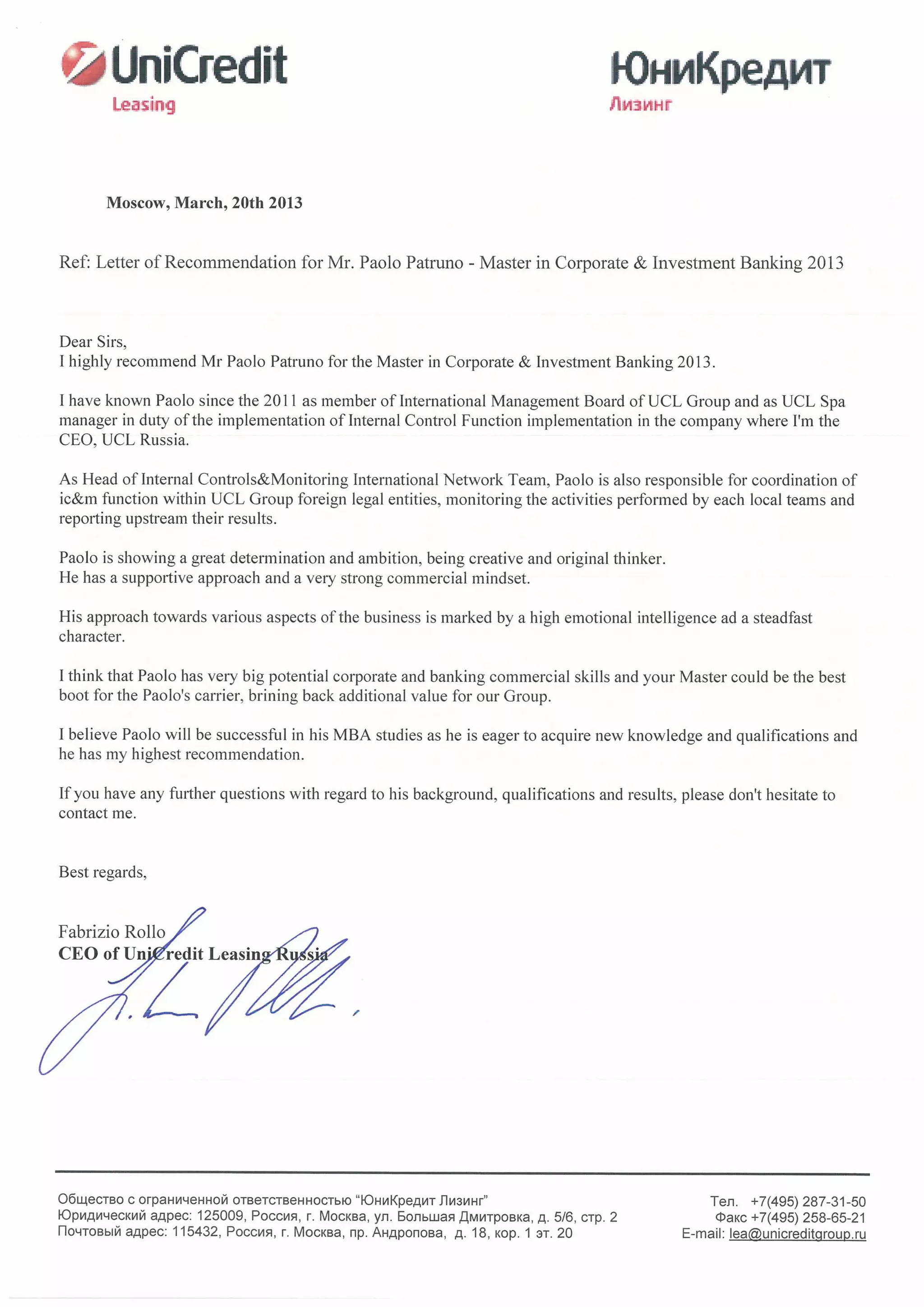 2a Reference Letter by UCL Russia CEO | PDF