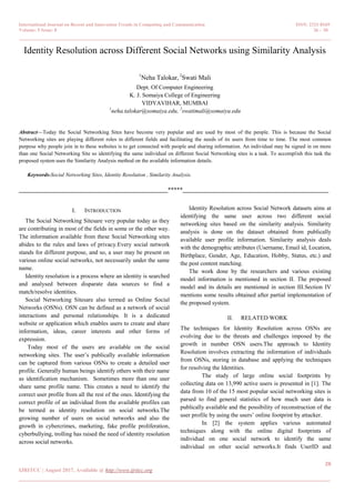 Identity Resolution across Different Social Networks using Similarity Analysis | PDF