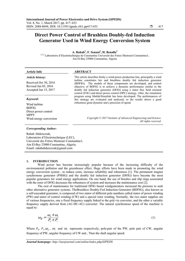 Direct Power Control of Brushless Doubly-fed Induction Generator Used in Wind Energy Conversion ...