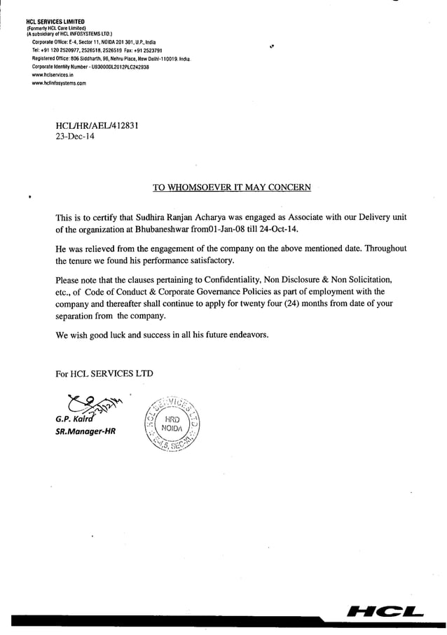 HCL Experience Letter | PDF