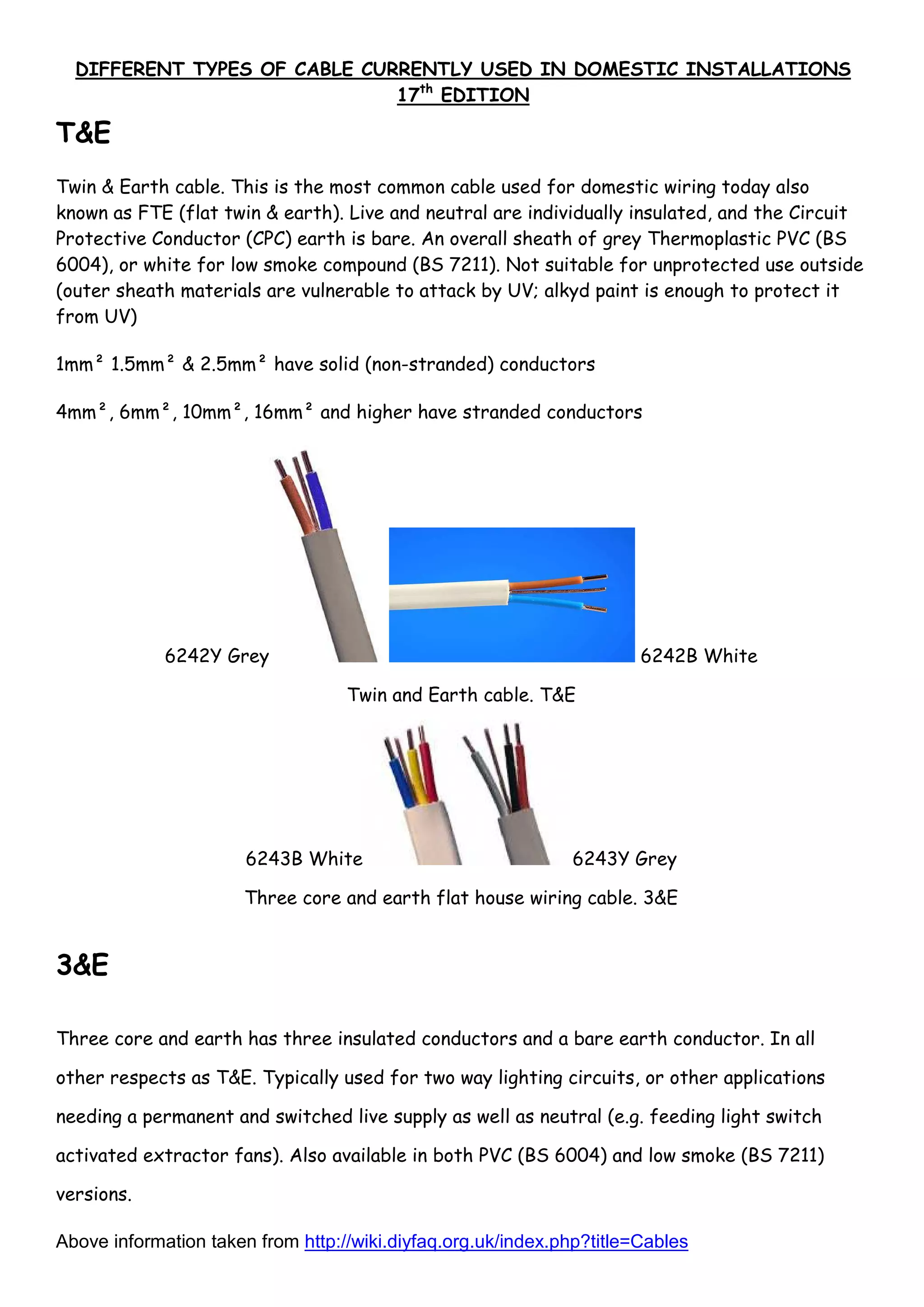 8. Different types of cable currently used in domestic installations ...