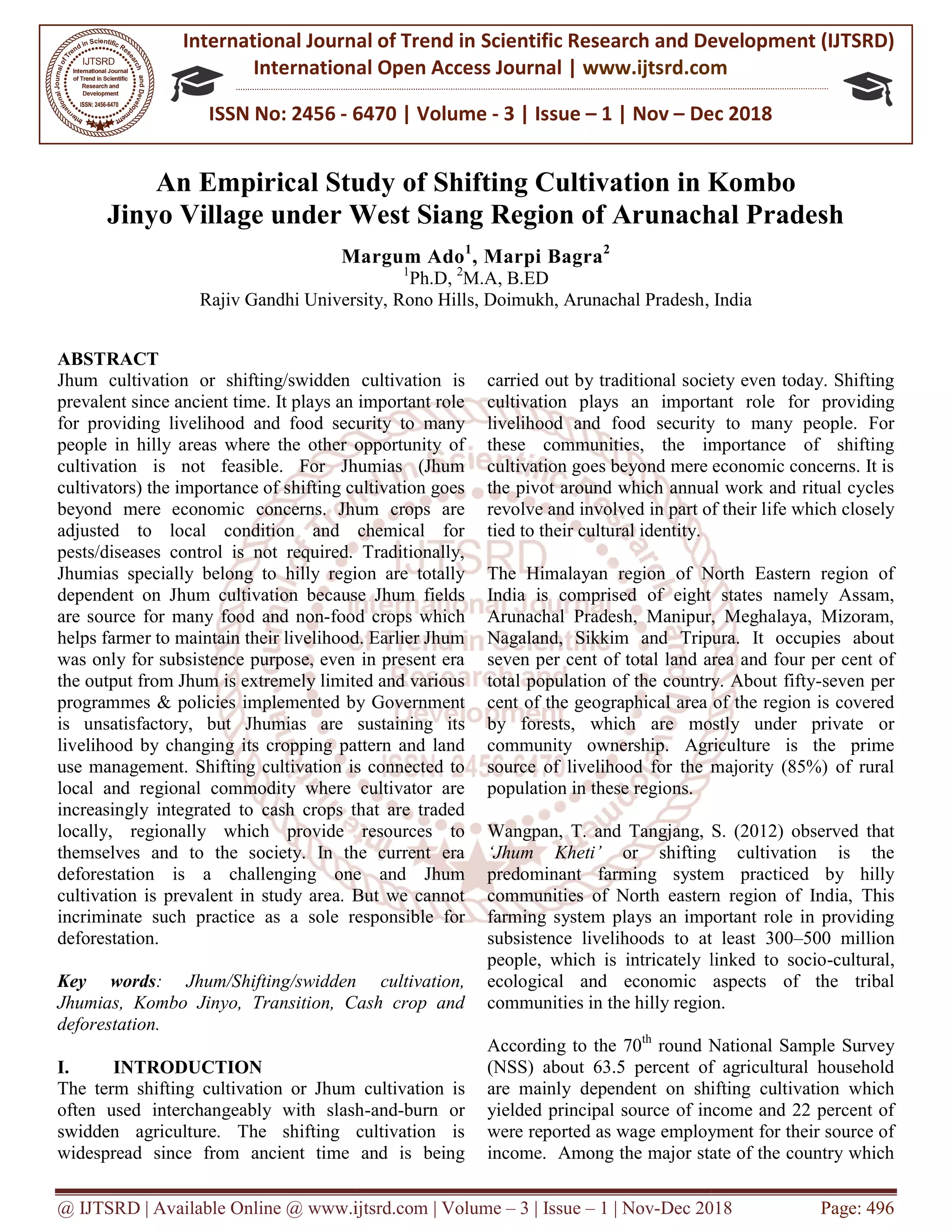 An Empirical Study of Shifting Cultivation in Kombo Jinyo Village under West Siang Region of ...