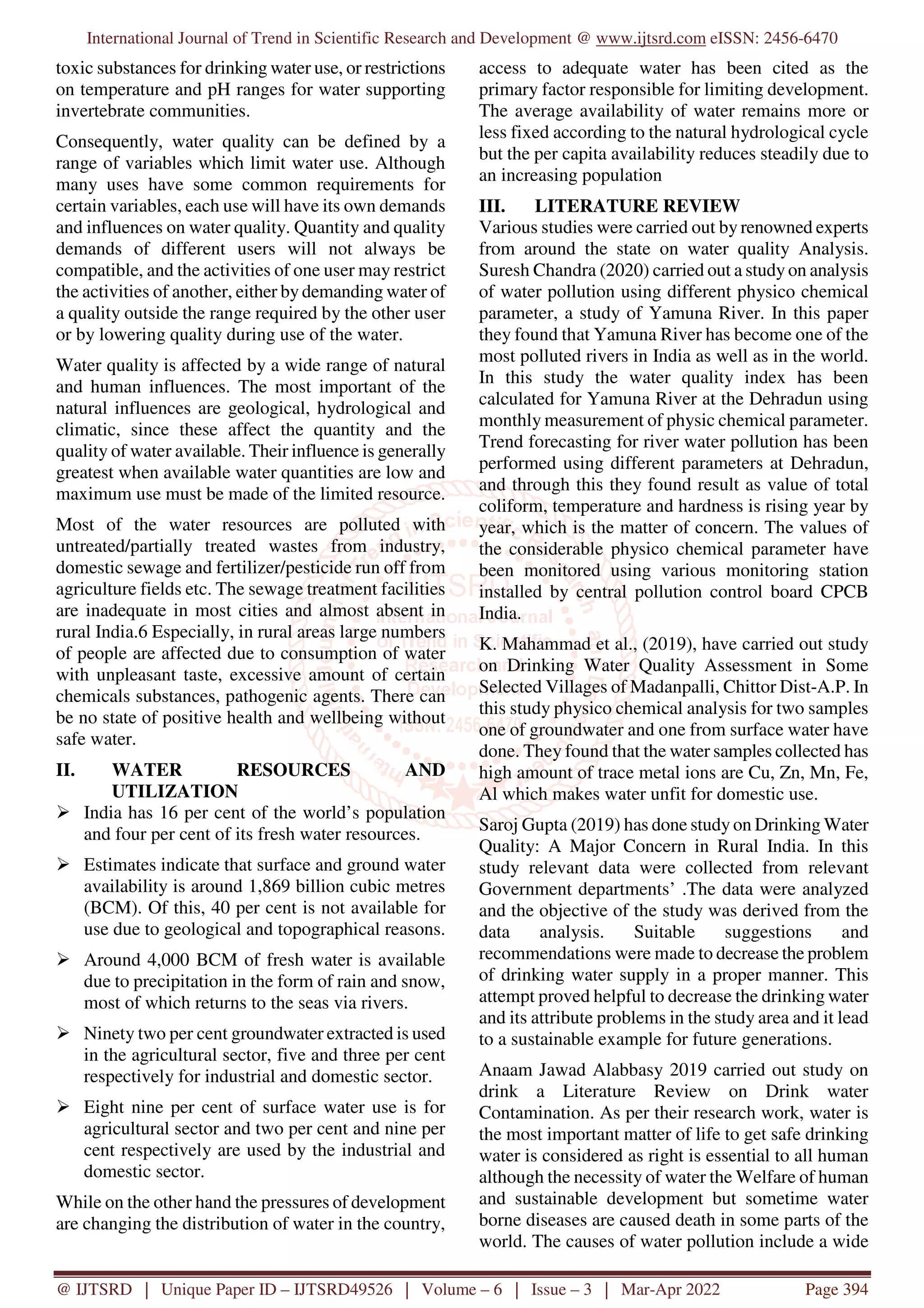 A Review on Water Quality Analysis | PDF