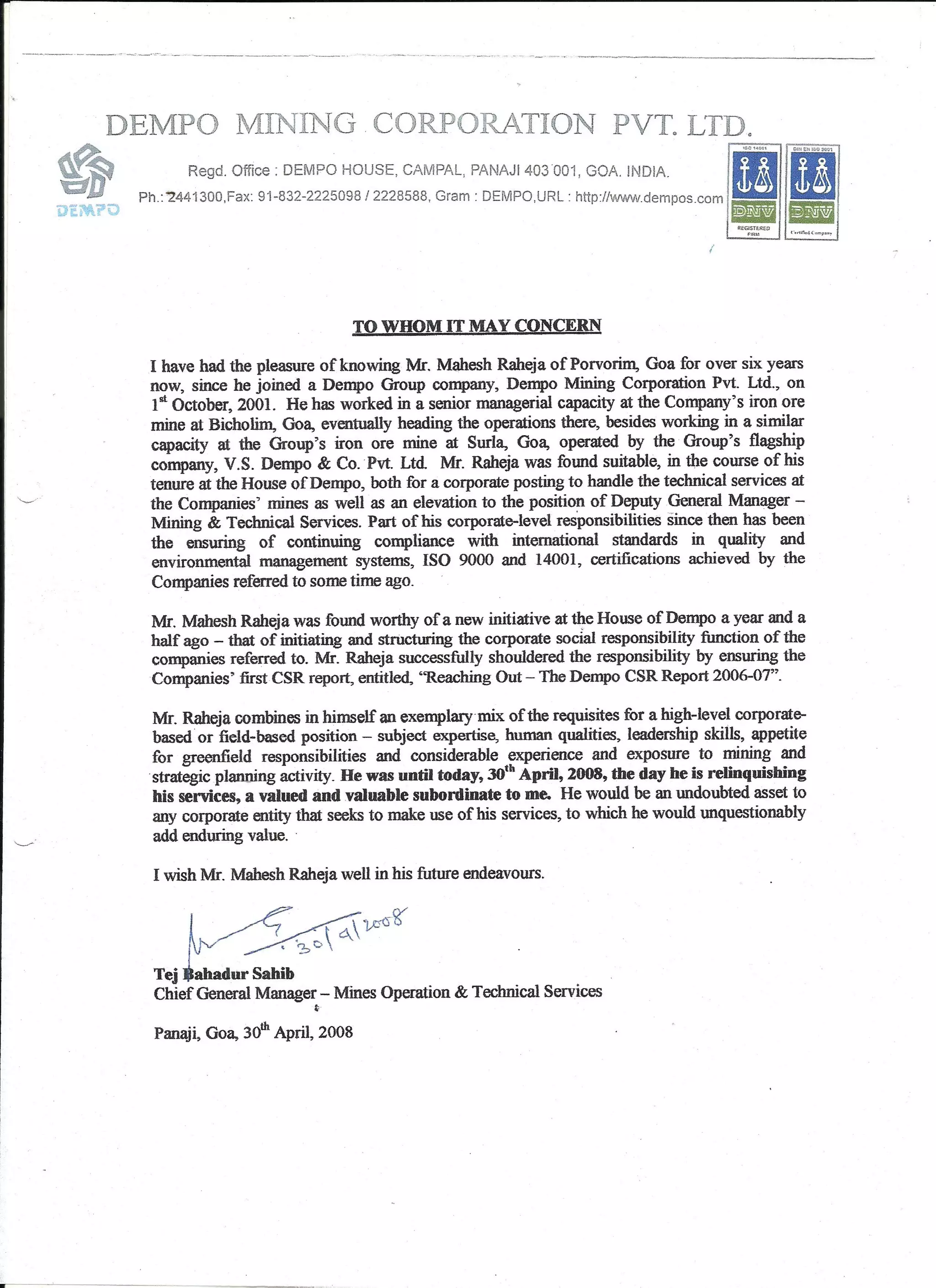 Appriciation Letter Dempo | PDF
