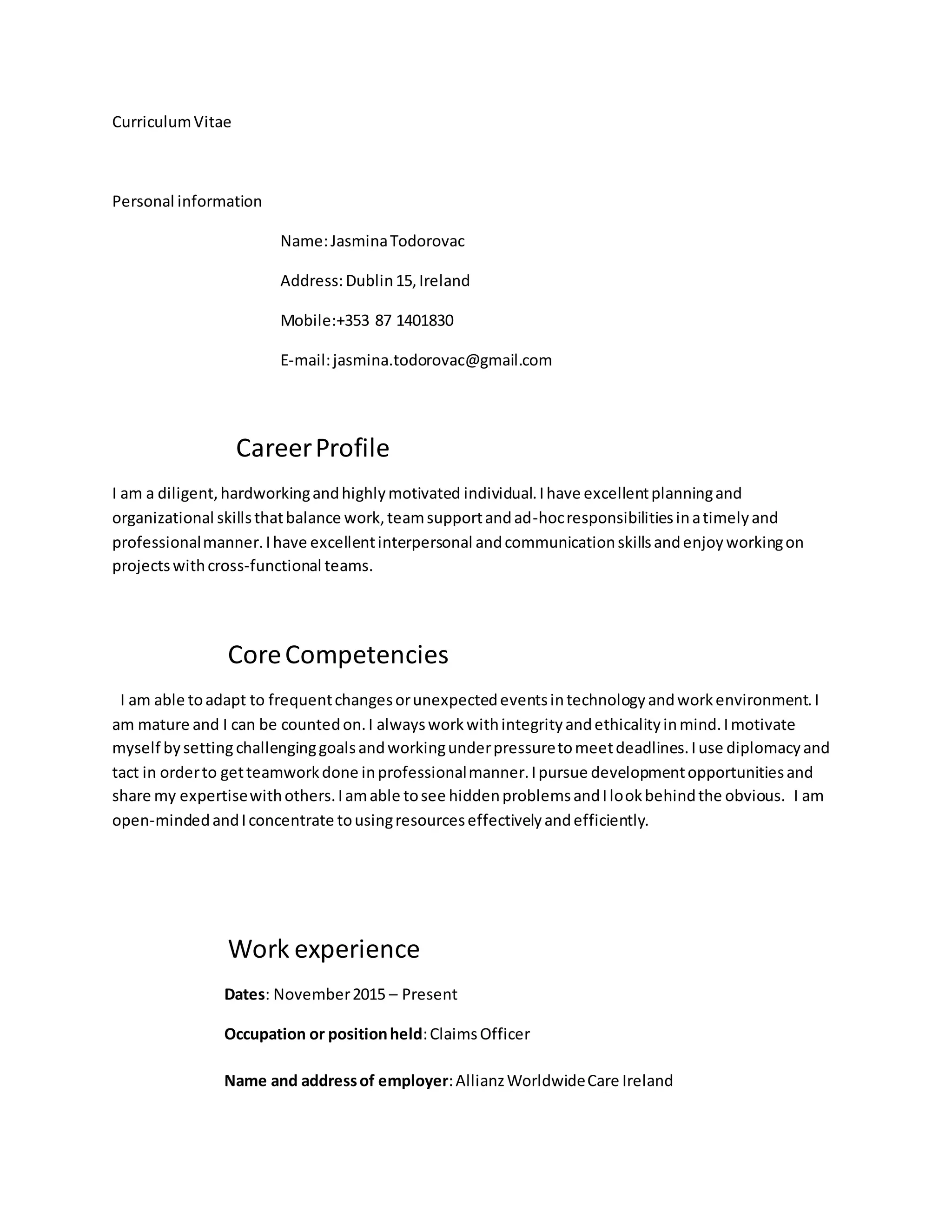 Claims Officer by Allianz WorldWide Care | DOCX