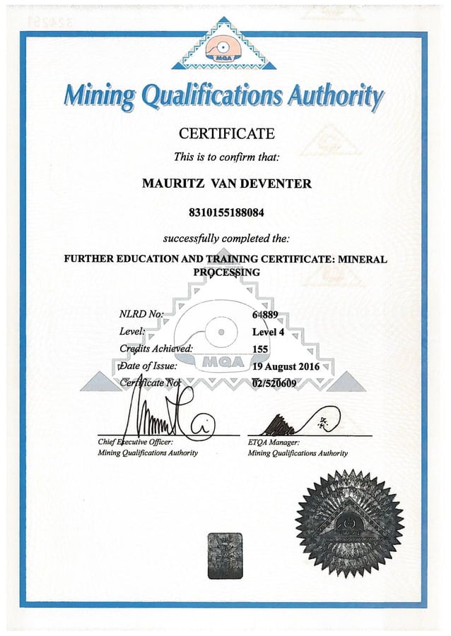 MQA - National Certificate - FETC Mineral Processing (level 4)