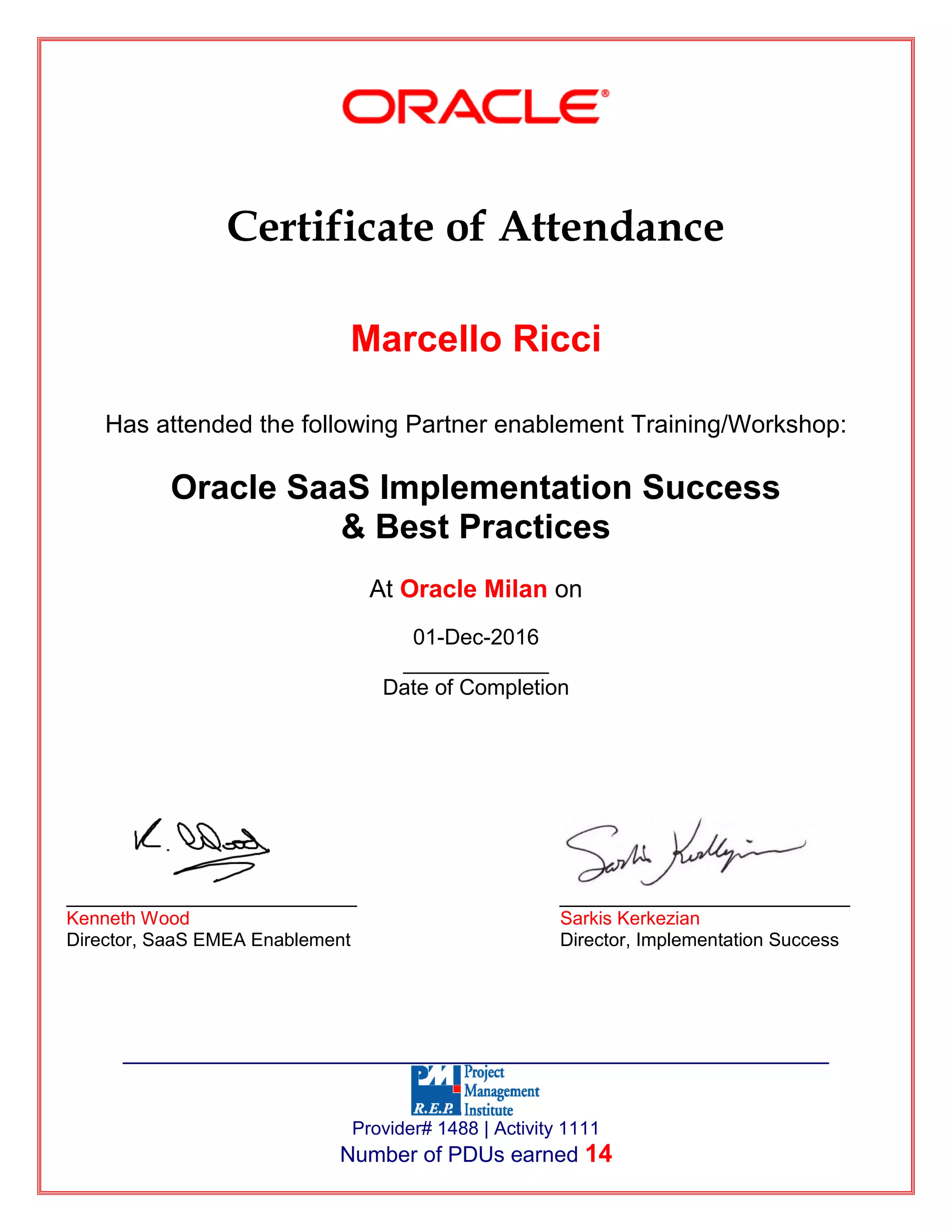 Oracle Implementation Success Best Practices - Certificate-marcello ric ...