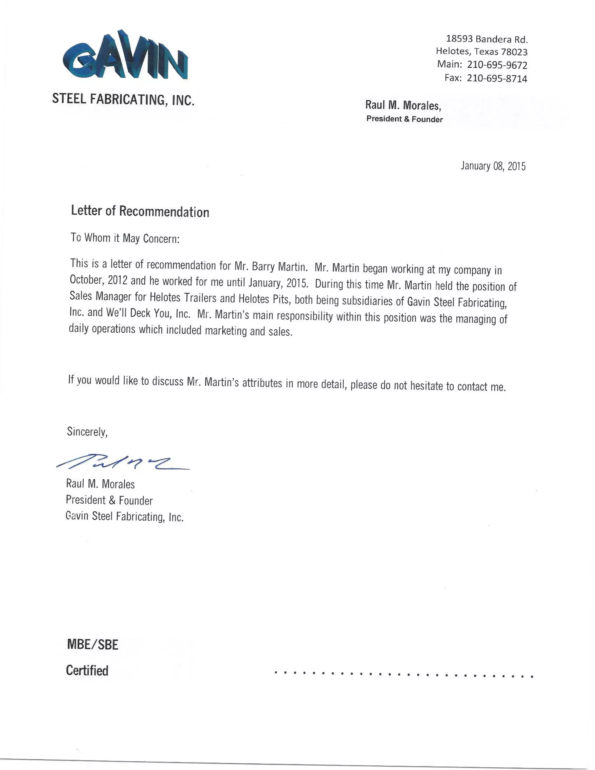 Gavin Steel & Co. Letter of Recommendation | PDF