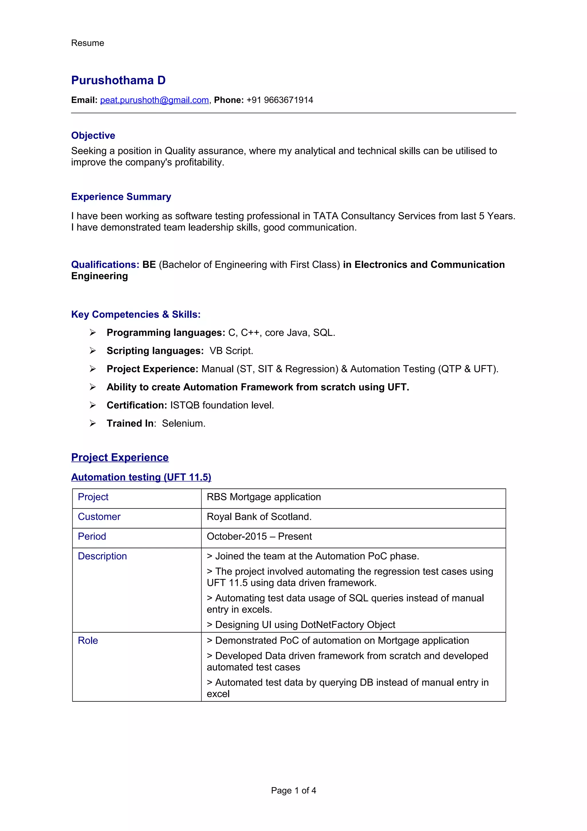 Purushothama_Resume | DOC | Programming Languages | Computing