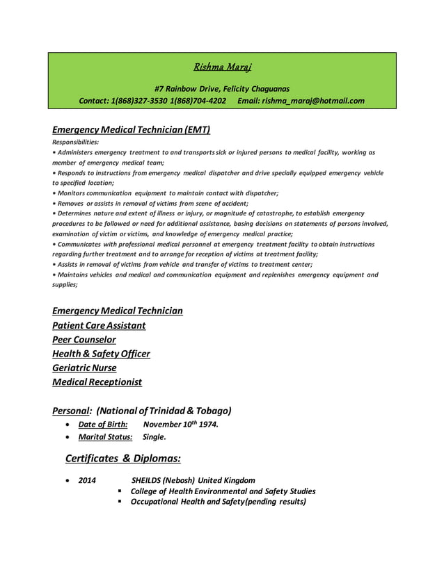 Rishma Final Resume 2014 trinidad | DOCX | First Aid | Injuries