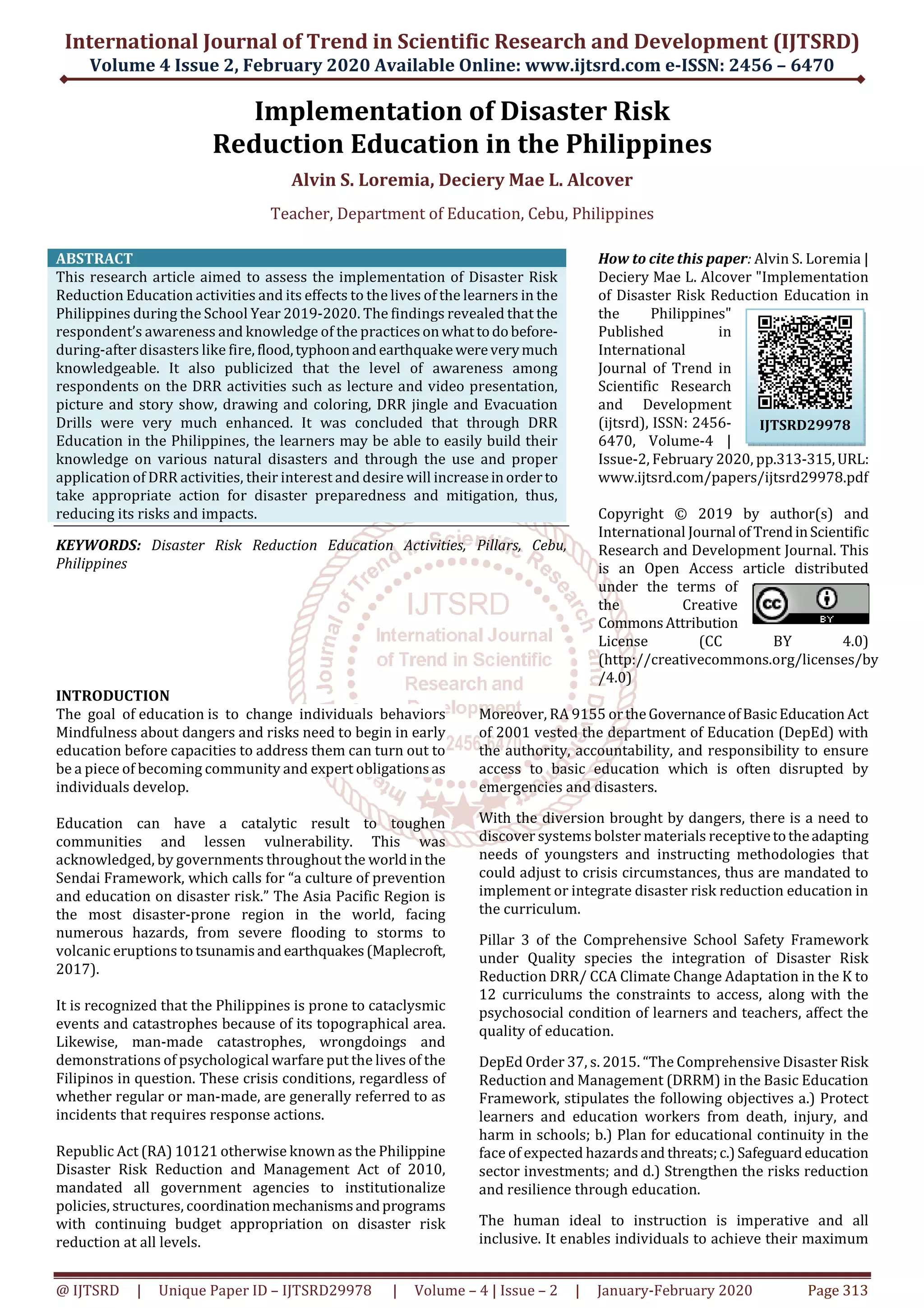 Implementation of Disaster Risk Reduction Education in the Philippines ...