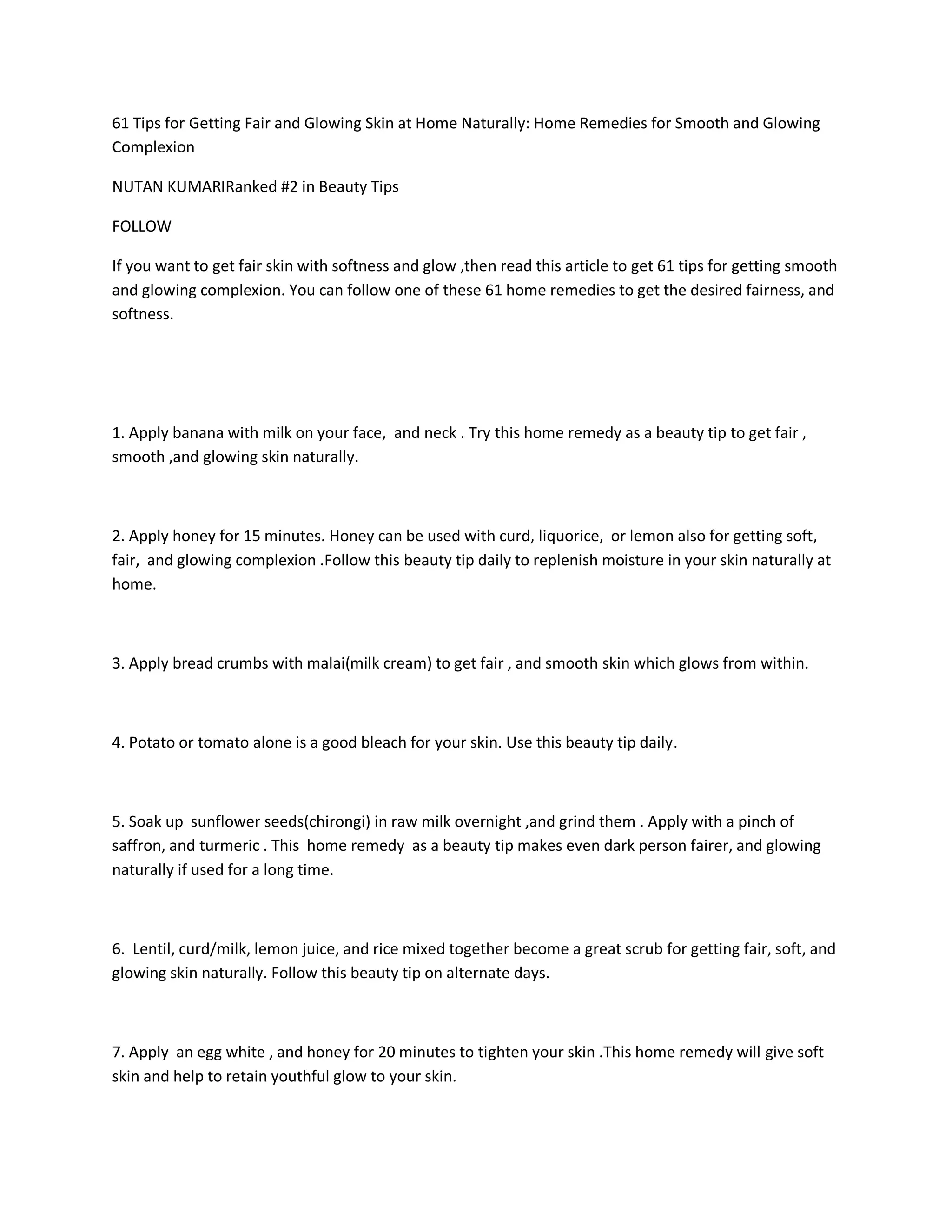 61 tips for getting fair and glowing skin at home naturally | PDF