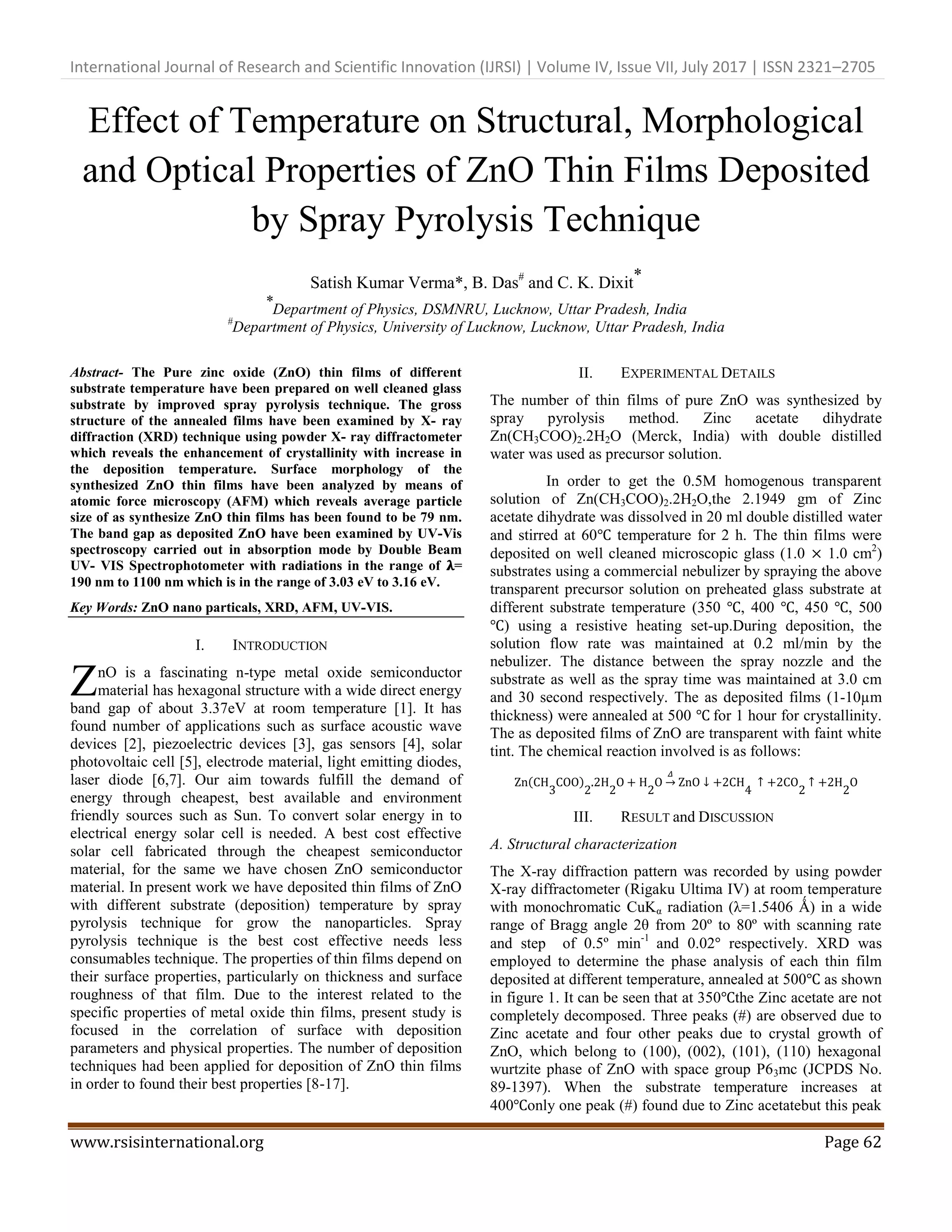 Effect of Temperature on Structural, Morphological and Optical Properties of ZnO Thin Films ...