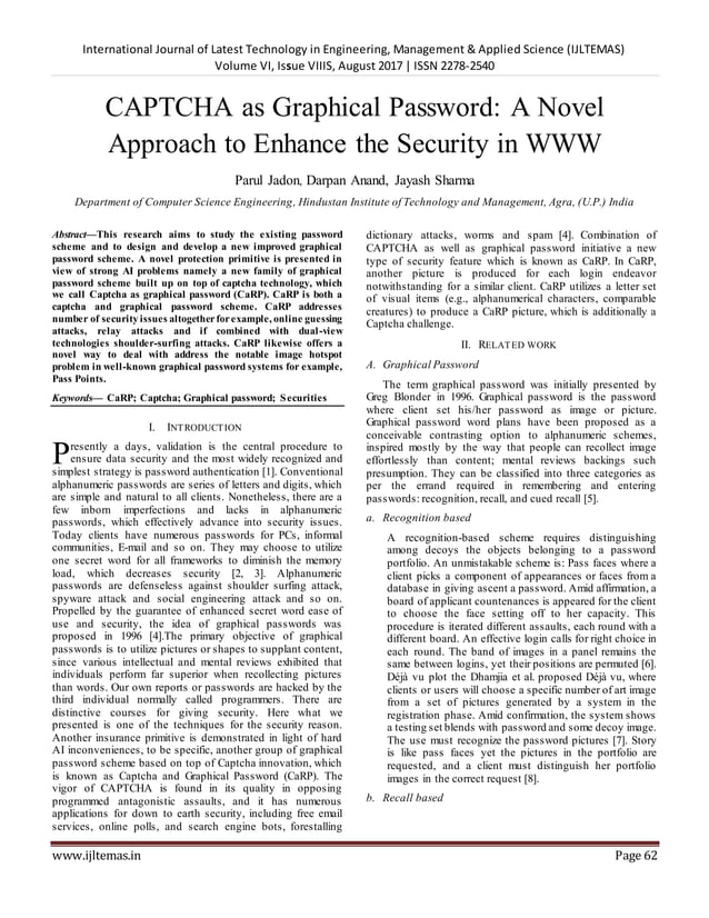 CAPTCHA as Graphical Password: A Novel Approach to Enhance the Security in WWW | PDF