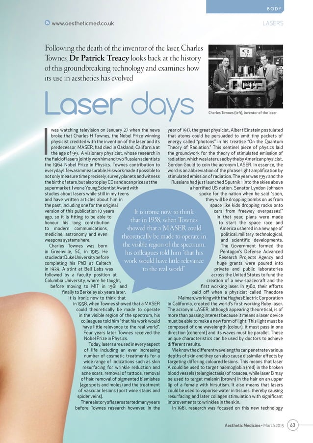 Dr. Patrick Treacy looks at the history of lasers in Aesthetic Medicine ...
