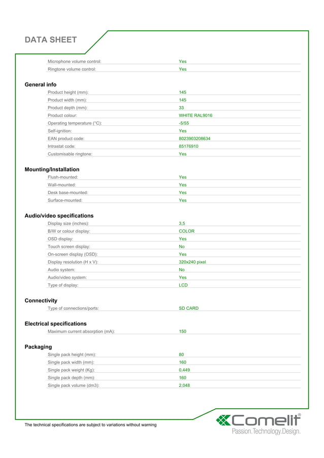 Comelit 6201W Data Sheet | PDF