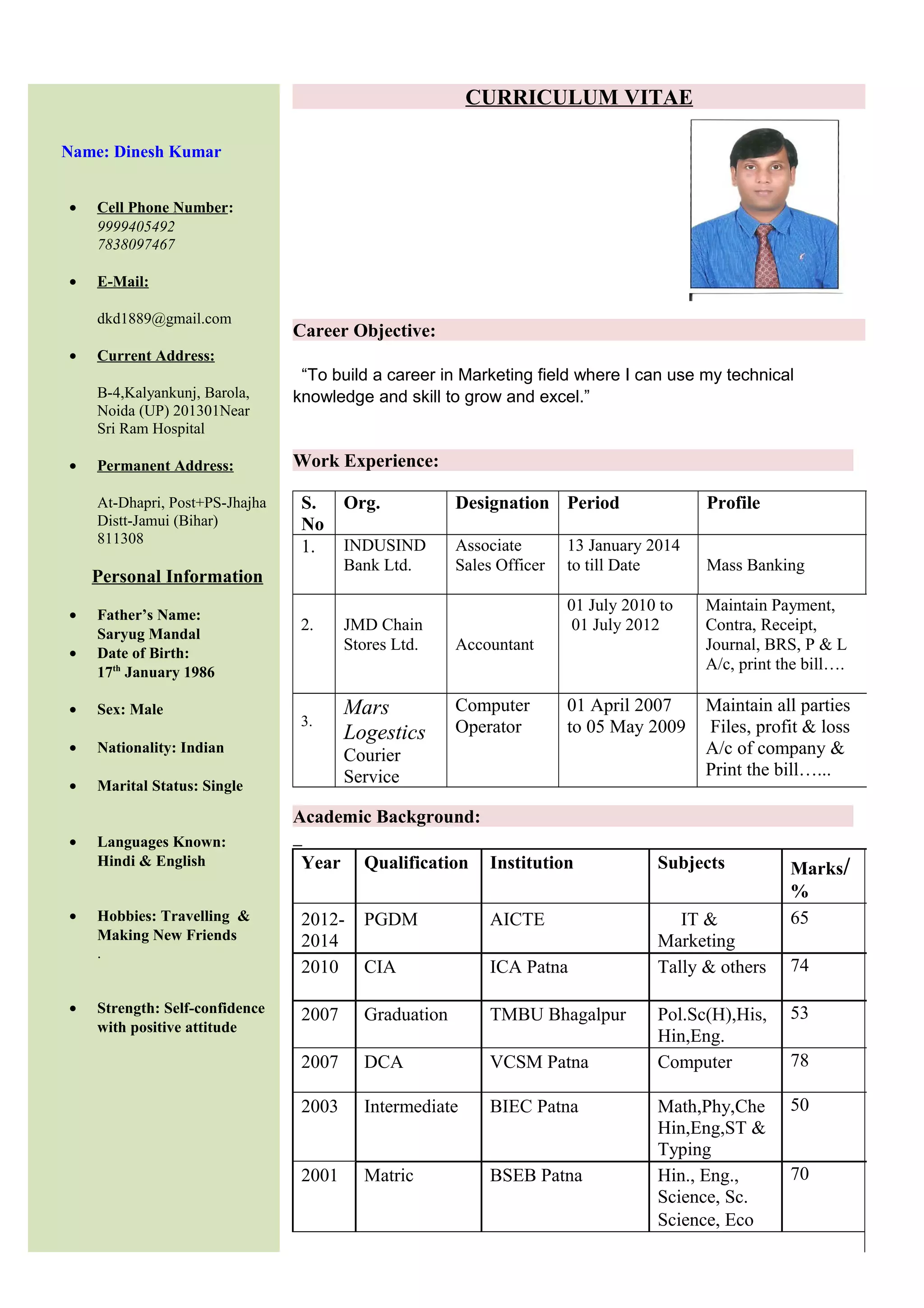 CV Formate (Dinesh) | PDF