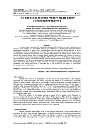 The classification of the modern arabic poetry using machine learning | PDF