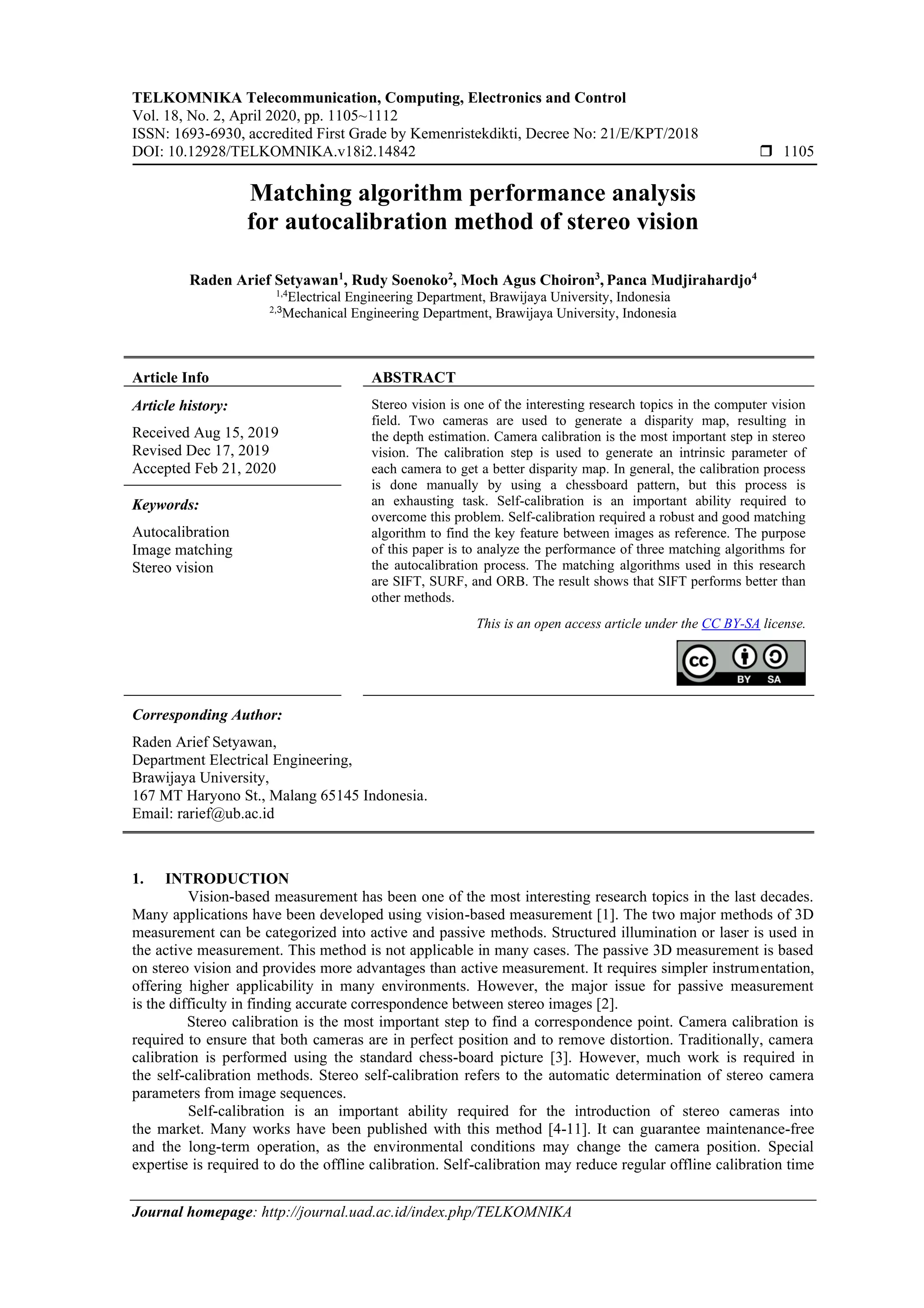 Matching algorithm performance analysis for autocalibration method of stereo vision | PDF