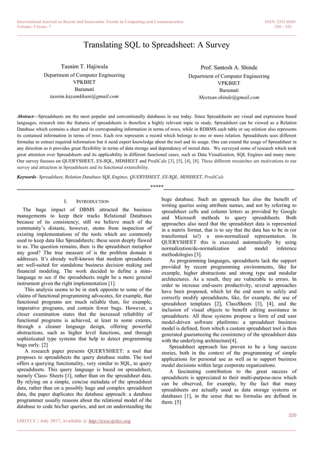Translating SQL to Spreadsheet: A Survey | PDF
