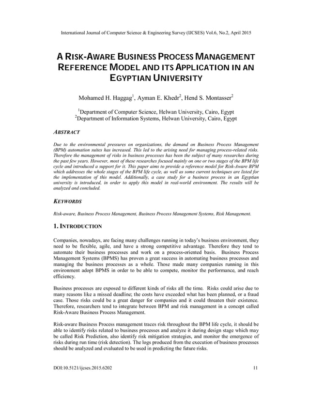A RISK-AWARE BUSINESS PROCESS MANAGEMENT REFERENCE MODEL AND ITS APPLICATION IN AN EGYPTIAN ...