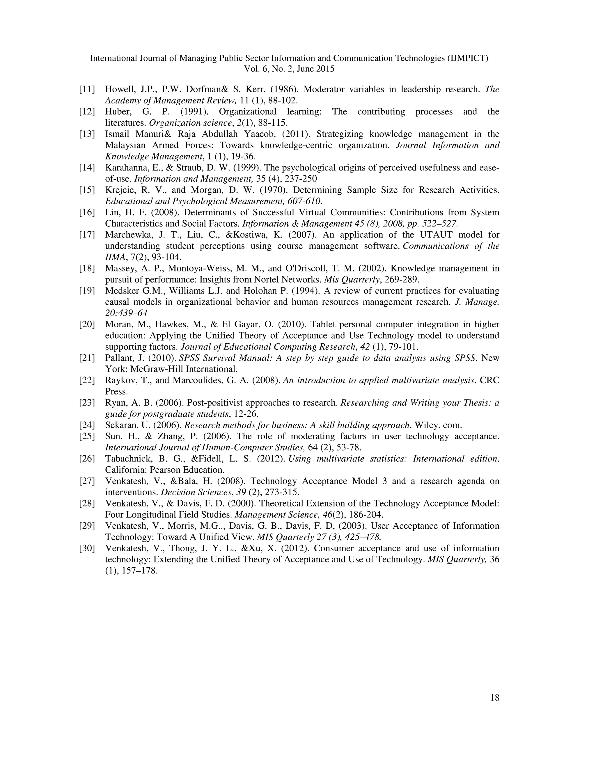 FACTORS AFFECTING KNOWLEDGE SHARING USING VIRTUAL PLATFORMS – A VALIDATION OF UNIFIED THEORY OF ...