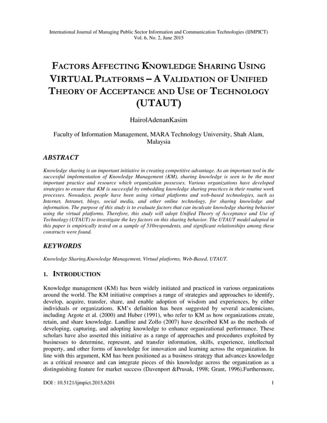 FACTORS AFFECTING KNOWLEDGE SHARING USING VIRTUAL PLATFORMS – A VALIDATION OF UNIFIED THEORY OF ...