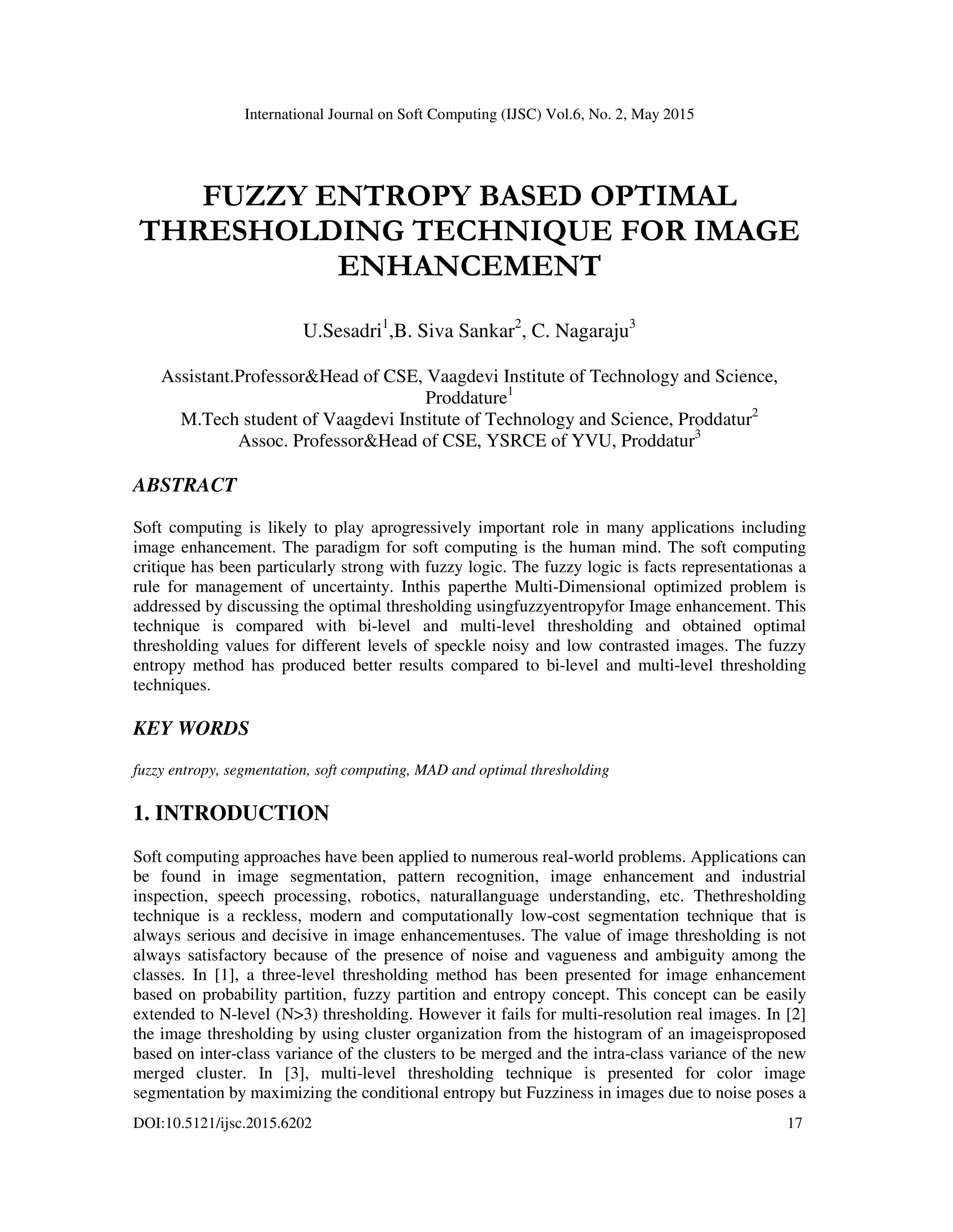 Fuzzy Entropy Based Optimal Thresholding Technique for Image Enhancement | PDF