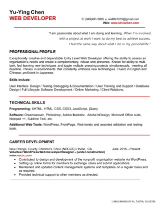 Resume Yu-Ying Chen (Web Developer) | DOCX | Web Development | Internet