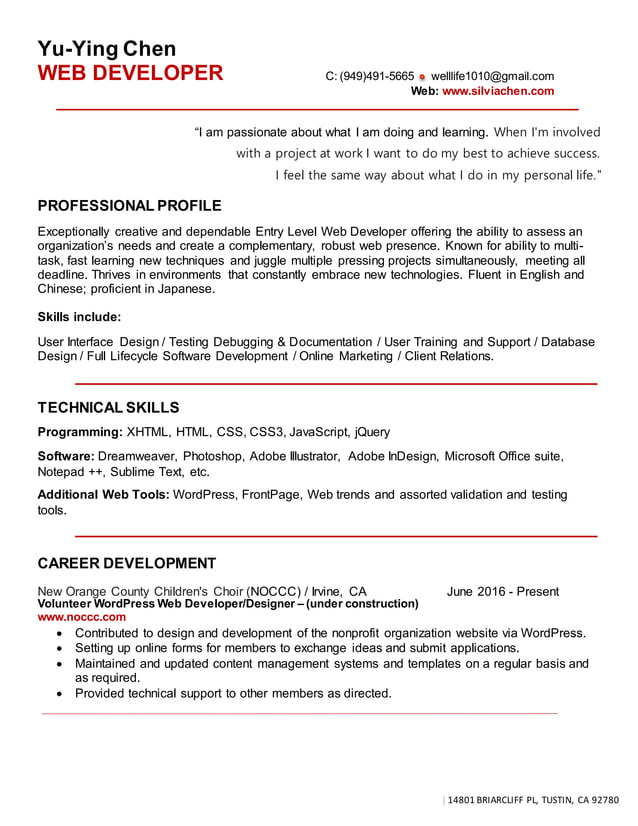 Resume Yu-Ying Chen (Web Developer) | DOCX | Web Development | Internet