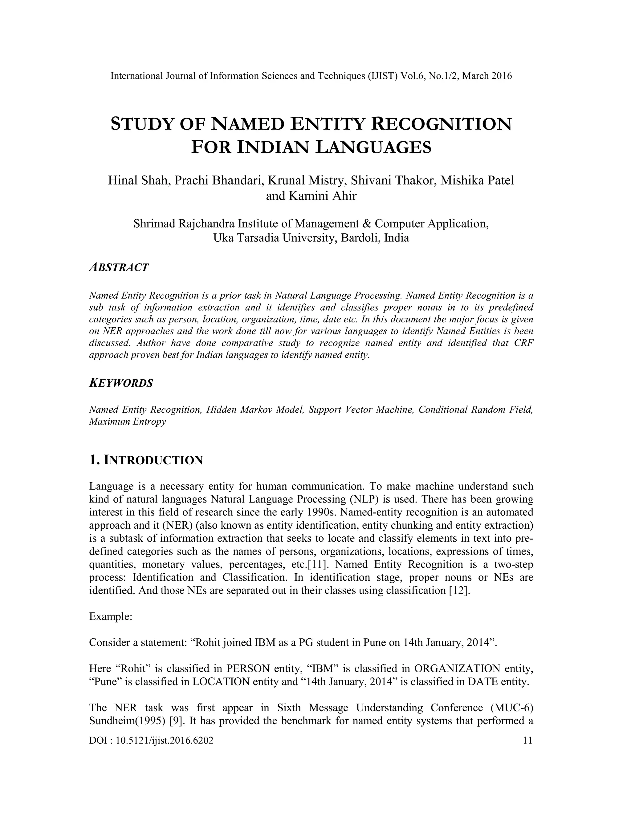 STUDY OF NAMED ENTITY RECOGNITION FOR INDIAN LANGUAGES | PDF