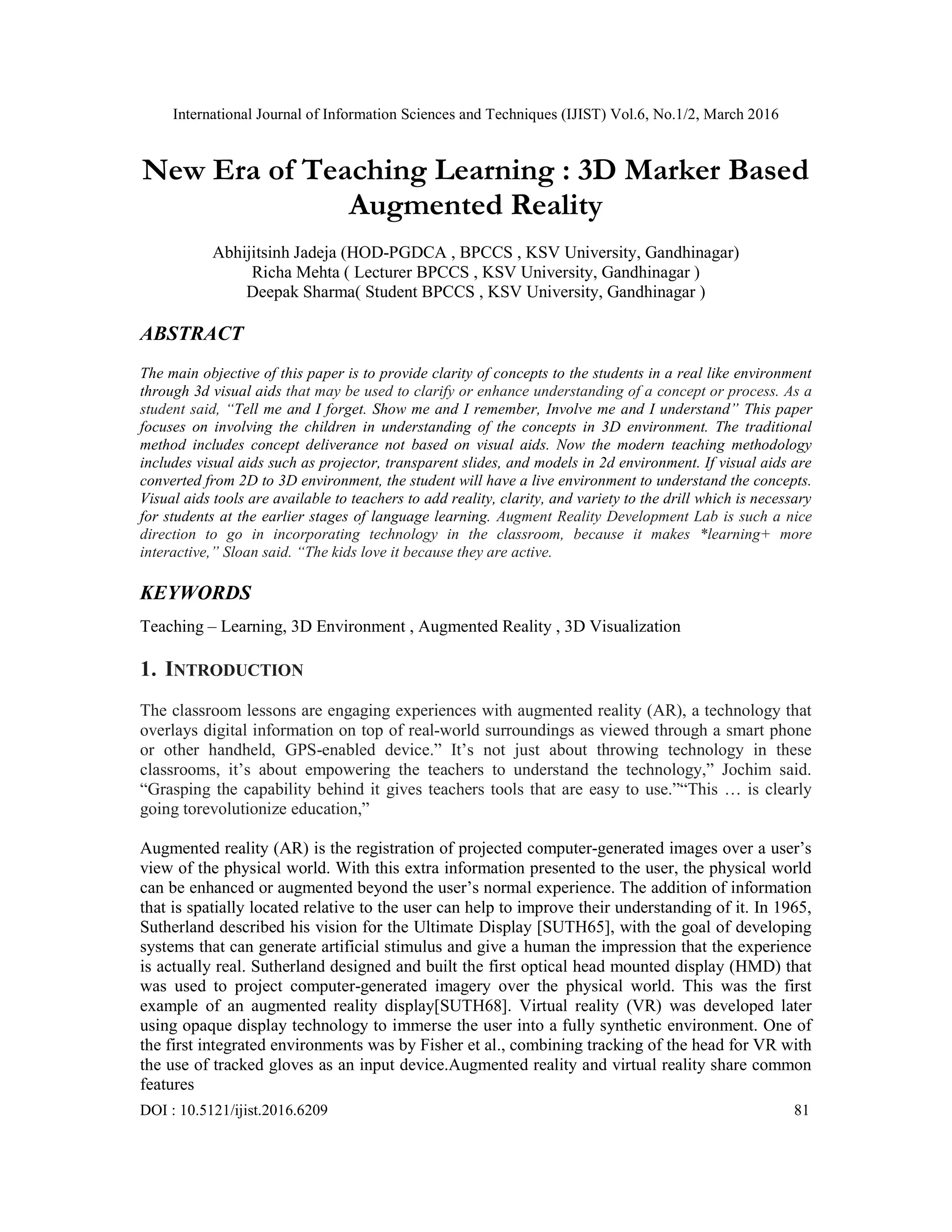 New Era of Teaching Learning : 3D Marker Based Augmented Reality | PDF
