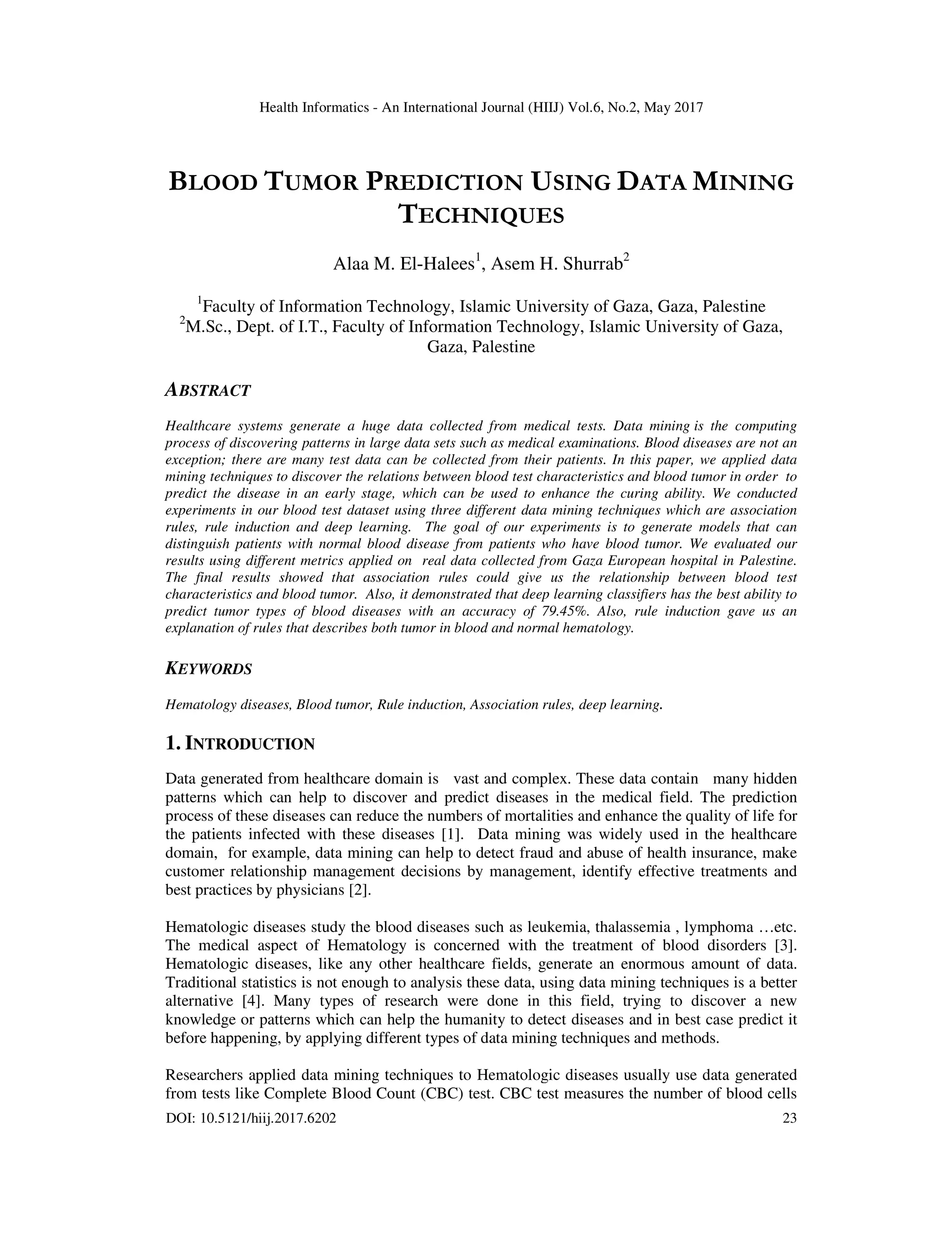 BLOOD TUMOR PREDICTION USING DATA MINING TECHNIQUES | PDF