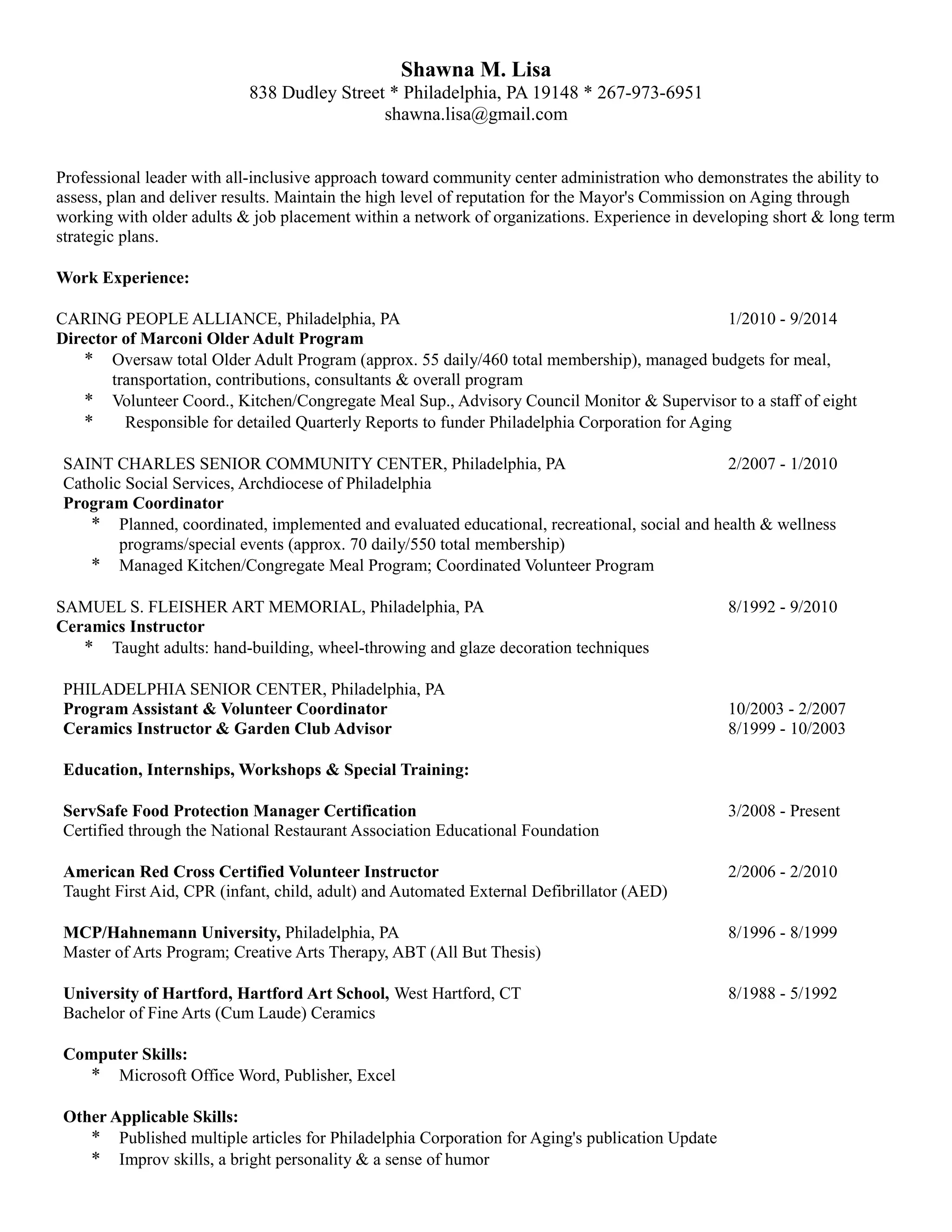 Shawna Lisa RESUME 10.2014