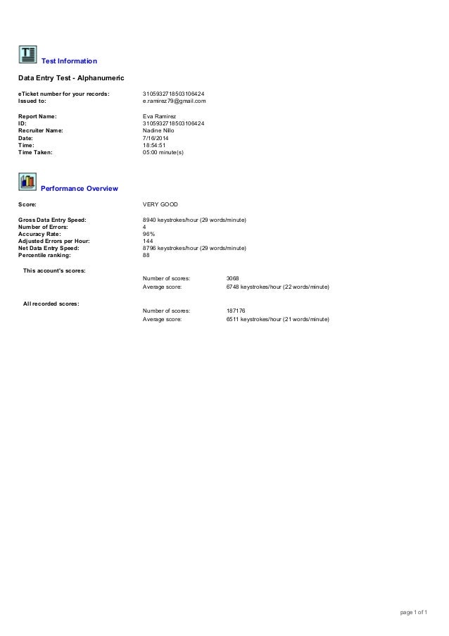 Score Report for Eva Ramirez - Data Entry Test - Alphanumeric (4)