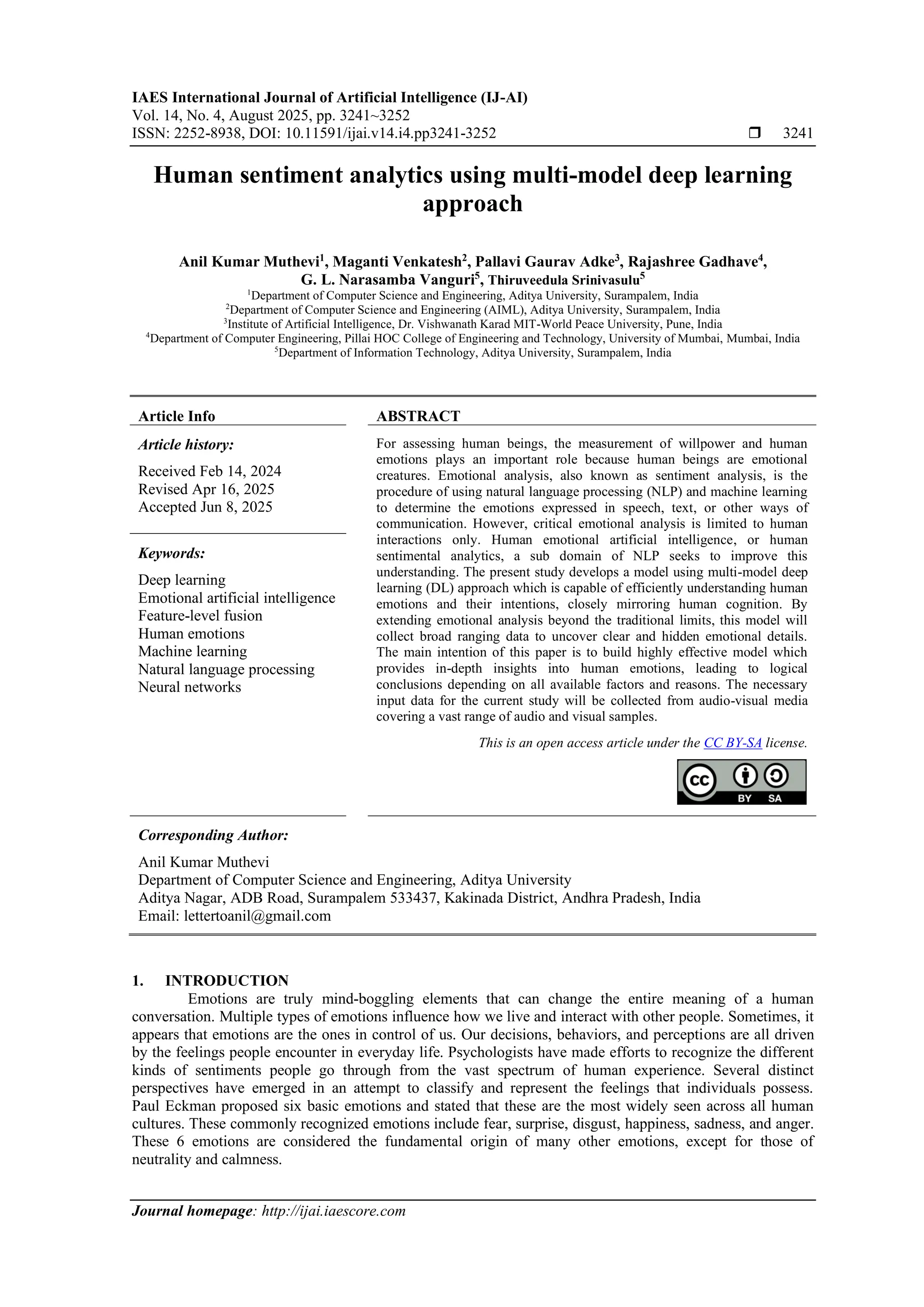 Human sentiment analytics using multi-model deep learning approach | PDF