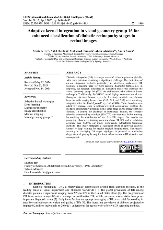 Adaptive kernel integration in visual geometry group 16 for enhanced classification of diabetic ...