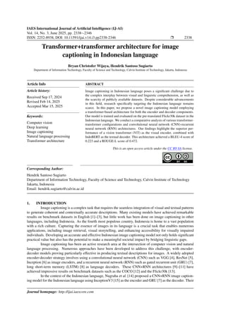 Transformer+transformer architecture for image captioning in Indonesian ...