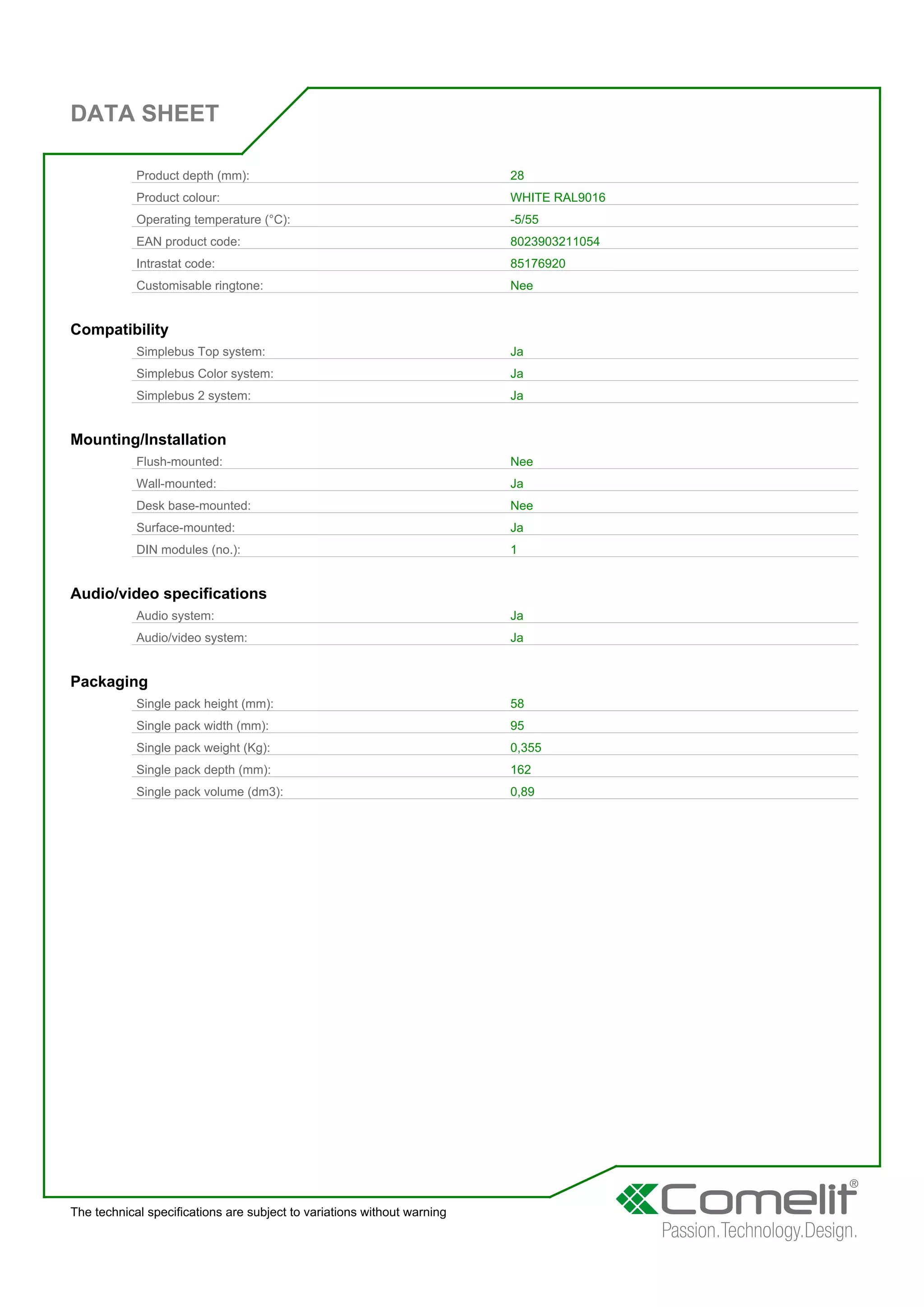 Comelit 6228W Data Sheet | PDF