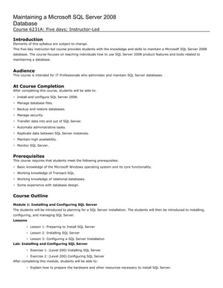 6231 maintaining a microsoft sql server 2008 database | DOC